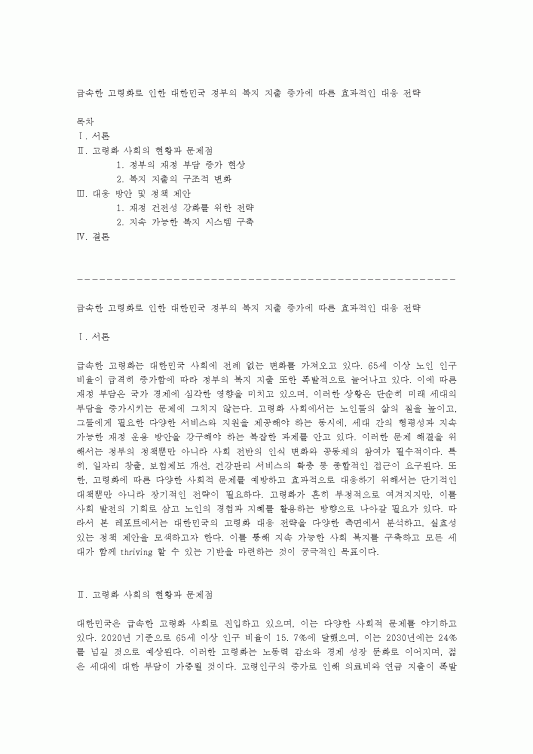 급속한 고령화로 인한 대한민국 정부의 복지 지출 증가에 따른 효과적인 대응 전략