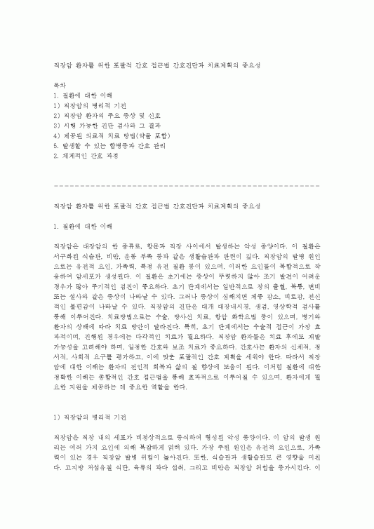 직장암 환자를 위한 포괄적 간호 접근법 간호진단과 치료계획의 중요성