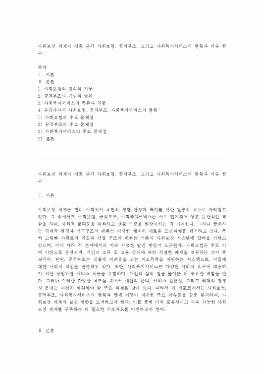 사회보장 체계의 심층 분석 사회보험, 공적부조, 그리고 사회복지서비스의 현황과 이슈 탐구