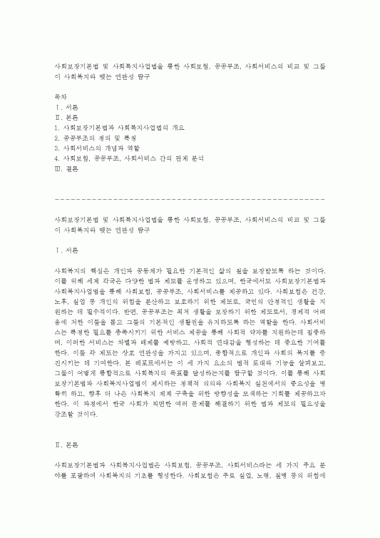 사회보장기본법 및 사회복지사업법을 통한 사회보험, 공공부조, 사회서비스의 비교 및 그들이 사회복지와 맺는 연관성 탐구