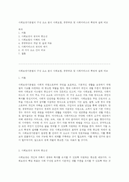 사회보장기본법의 구성 요소 분석 사회보험, 공공부조 및 사회서비스의 특징과 실례 비교