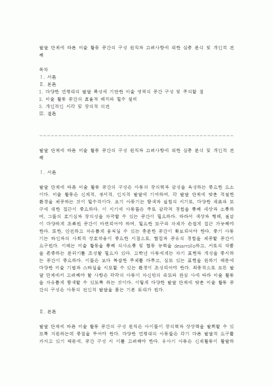 발달 단계에 따른 미술 활동 공간의 구성 원칙과 고려사항에 대한 심층 분석 및 개인적 견해