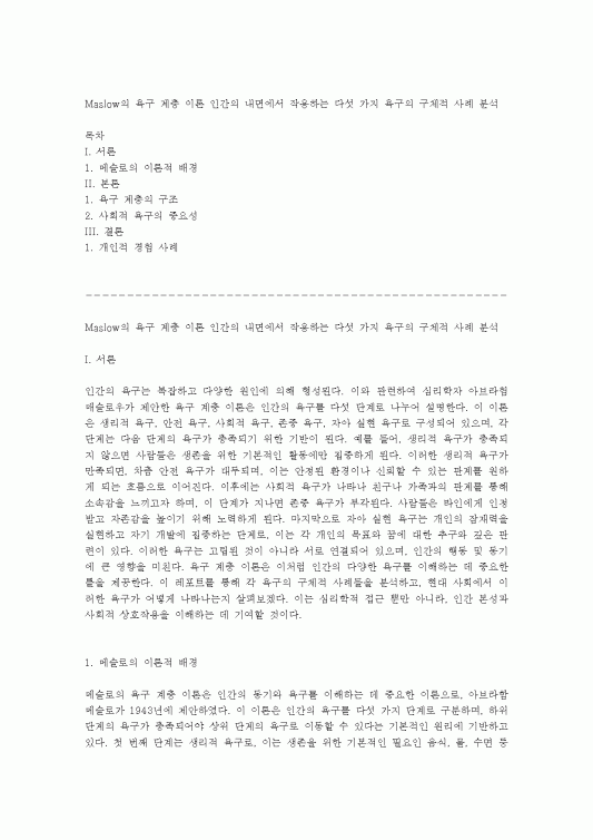 Maslow의 욕구 계층 이론 인간의 내면에서 작용하는 다섯 가지 욕구의 구체적 사례 분석