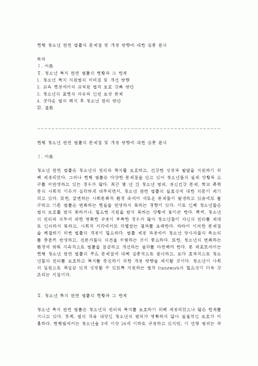 현행 청소년 관련 법률의 문제점 및 개정 방향에 대한 심층 분석