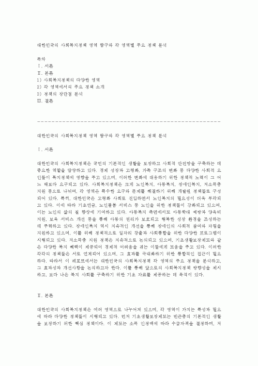 대한민국의 사회복지정책 영역 탐구와 각 영역별 주요 정책 분석
