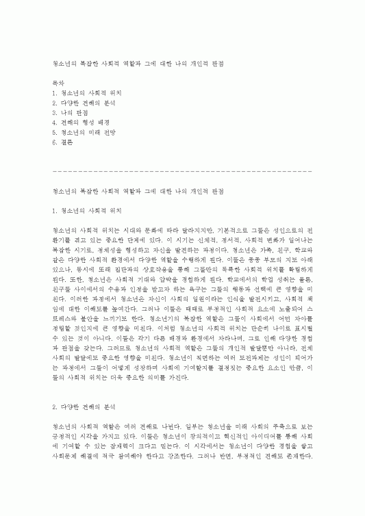 청소년의 복잡한 사회적 역할과 그에 대한 나의 개인적 관점