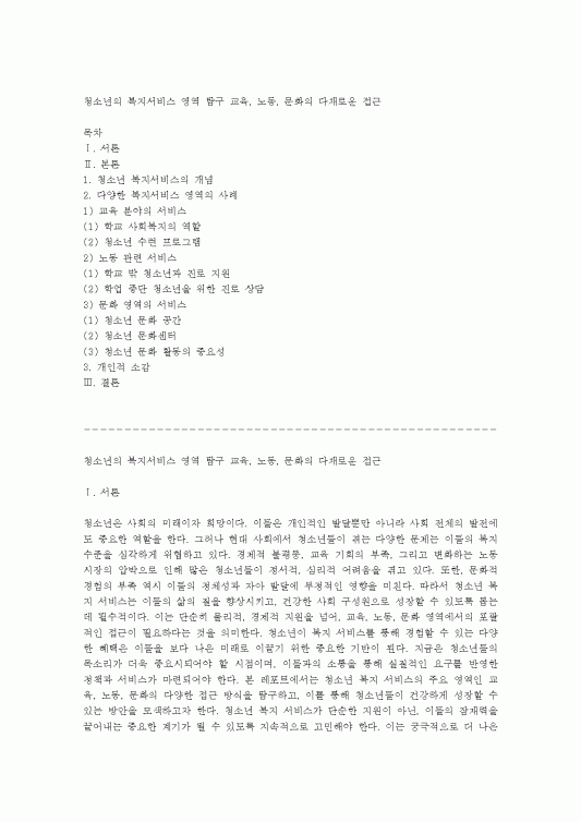 청소년의 복지서비스 영역 탐구 교육, 노동, 문화의 다채로운 접근