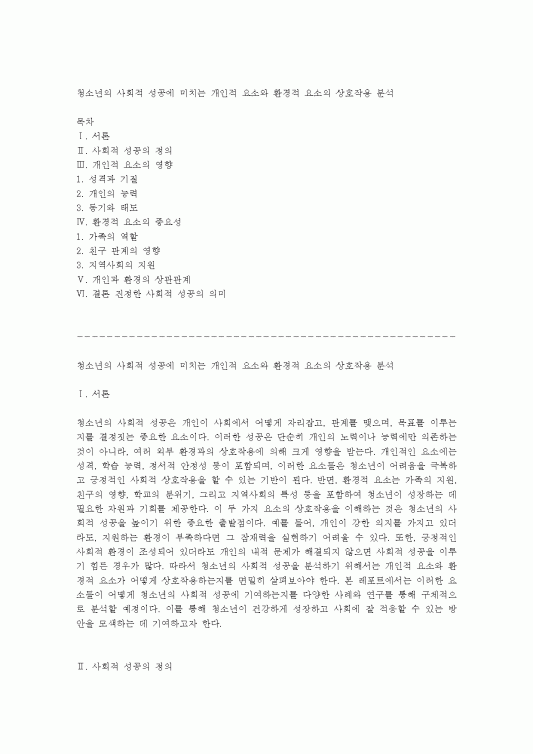 청소년의 사회적 성공에 미치는 개인적 요소와 환경적 요소의 상호작용 분석