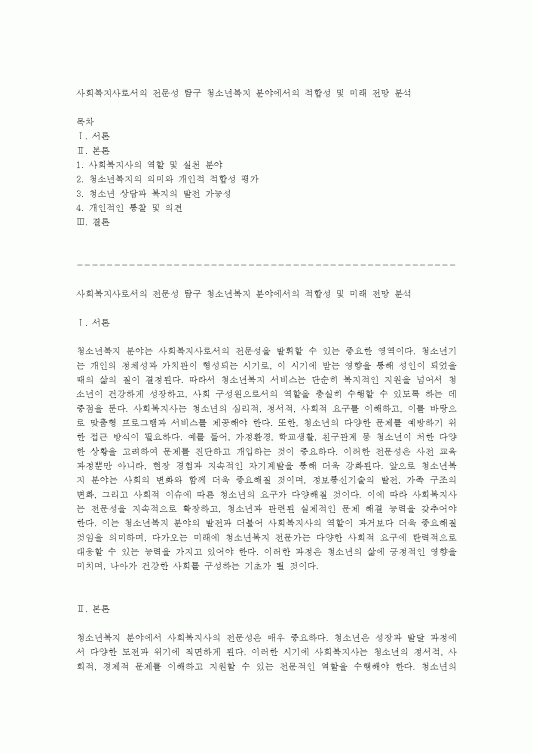 사회복지사로서의 전문성 탐구 청소년복지 분야에서의 적합성 및 미래 전망 분석