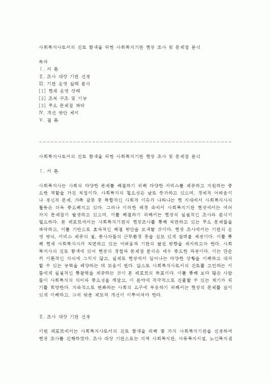 사회복지사로서의 진로 탐색을 위한 사회복지기관 현장 조사 및 문제점 분석