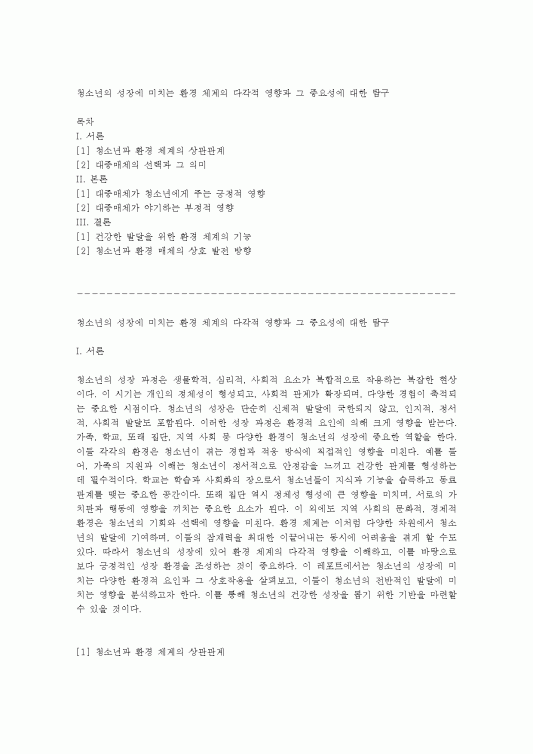 청소년의 성장에 미치는 환경 체계의 다각적 영향과 그 중요성에 대한 탐구