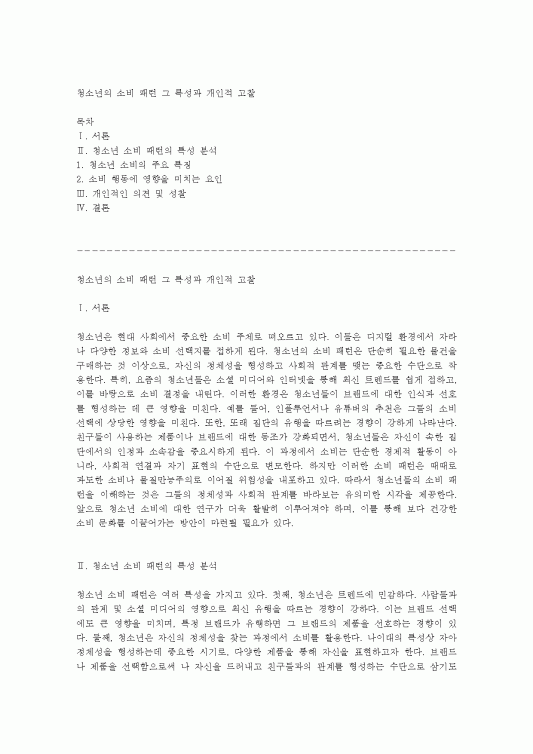 청소년의 소비 패턴 그 특성과 개인적 고찰