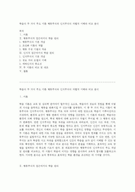 학습의 두 가지 주요 이론 행동주의와 인지주의의 차별적 이해와 비교 분석
