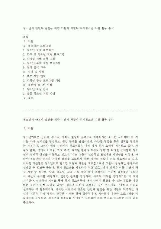 청소년의 안전과 발전을 위한 기관의 역할과 위기청소년 지원 활동 분석