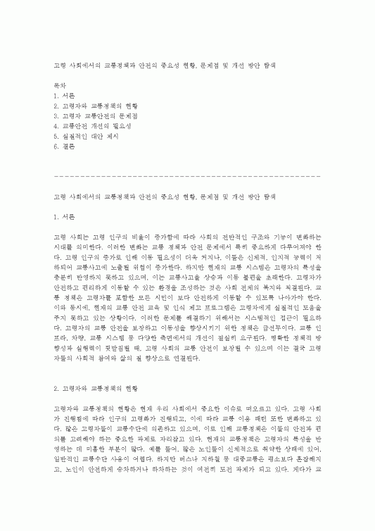 고령 사회에서의 교통정책과 안전의 중요성 현황, 문제점 및 개선 방안 탐색