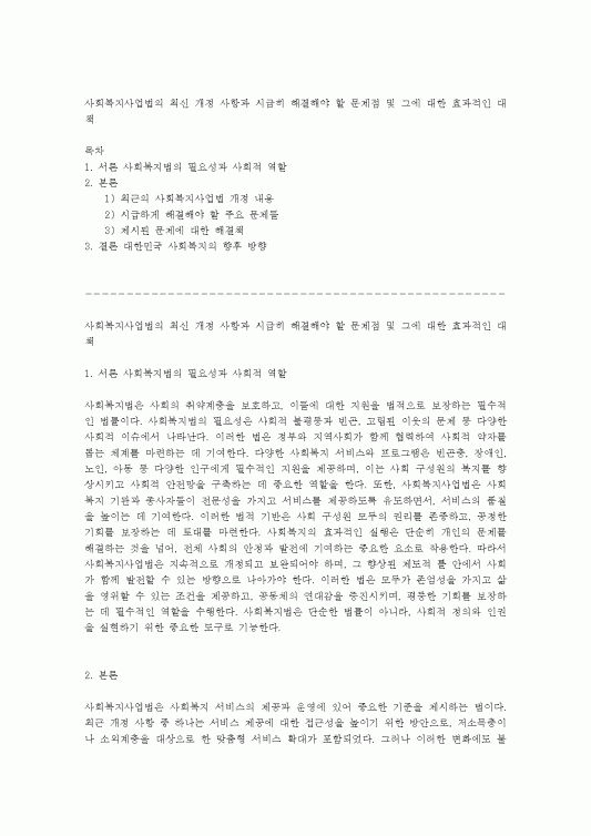 사회복지사업법의 최신 개정 사항과 시급히 해결해야 할 문제점 및 그에 대한 효과적인 대책