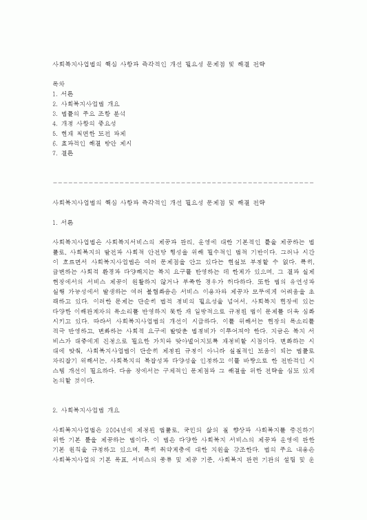 사회복지사업법의 핵심 사항과 즉각적인 개선 필요성 문제점 및 해결 전략
