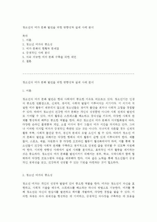 청소년의 여가 문화 발전을 위한 방향성과 실제 사례 분석