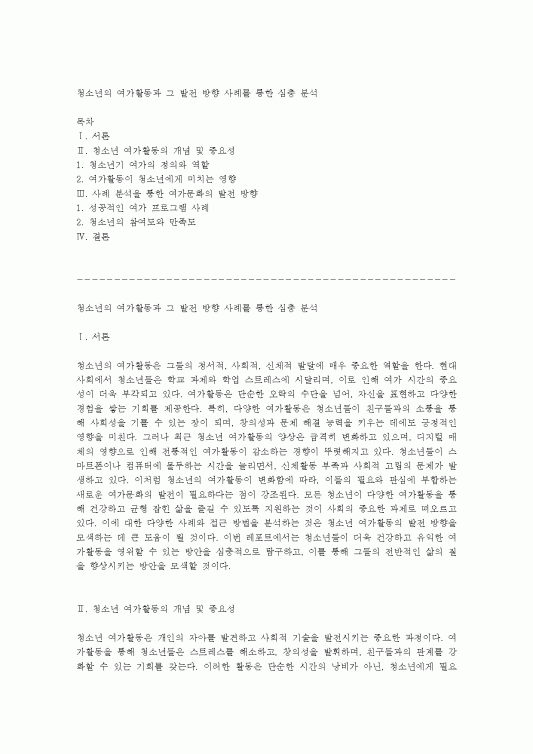 청소년의 여가활동과 그 발전 방향 사례를 통한 심층 분석