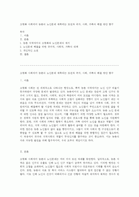 고령화 사회에서 농촌의 노인문제 예측되는 도전과 국가, 사회, 가족의 해결 방안 탐구