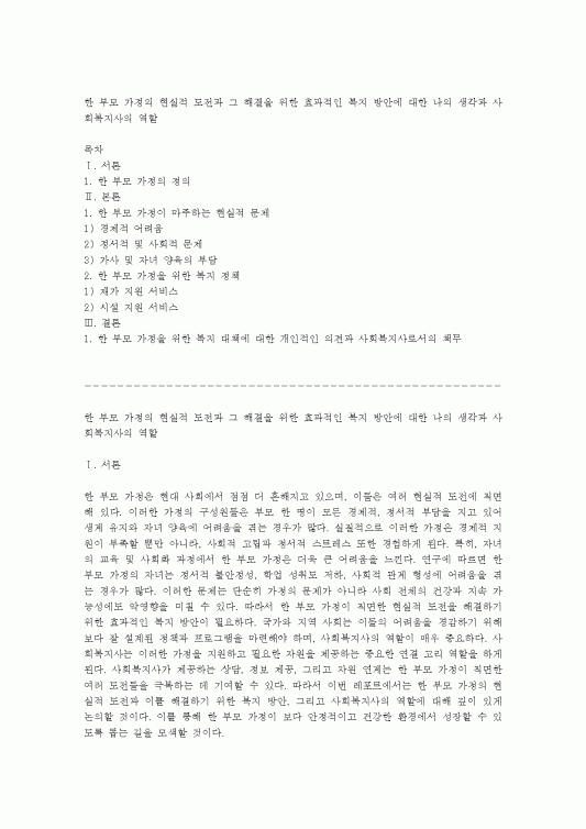 한 부모 가정의 현실적 도전과 그 해결을 위한 효과적인 복지 방안에 대한 나의 생각과 사회복지사의 역할