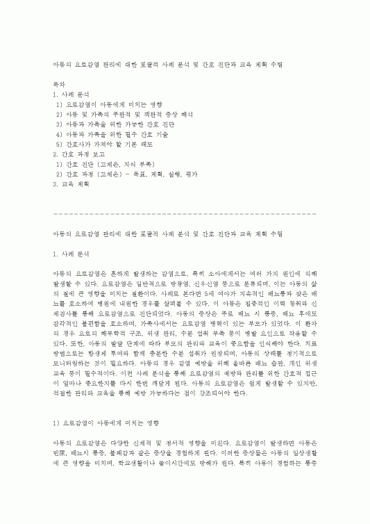 아동의 요로감염 관리에 대한 포괄적 사례 분석 및 간호 진단과 교육 계획 수립