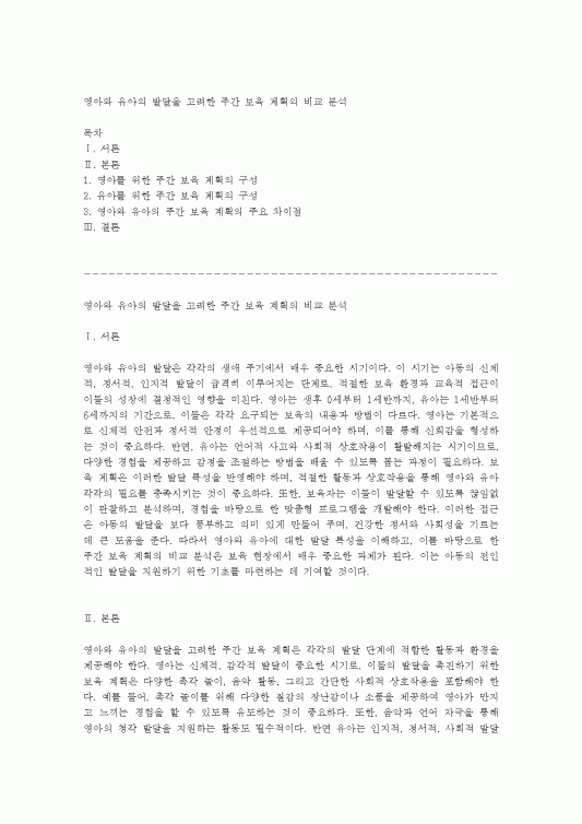 영아와 유아의 발달을 고려한 주간 보육 계획의 비교 분석
