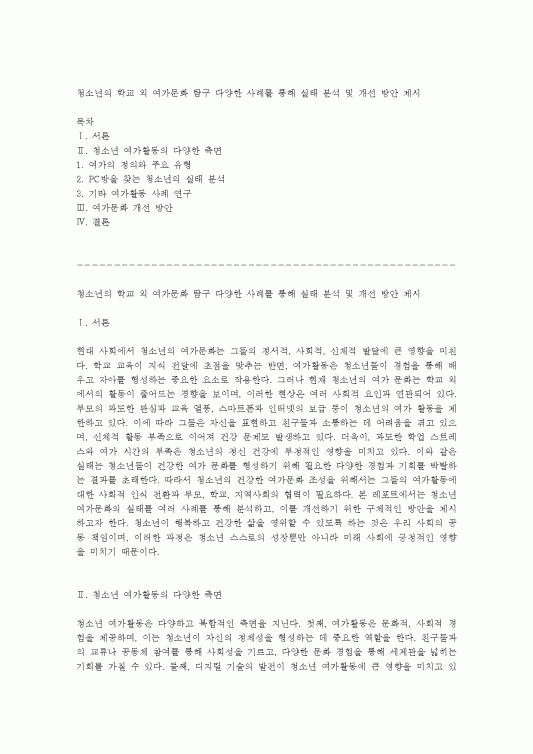 청소년의 학교 외 여가문화 탐구 다양한 사례를 통해 실태 분석 및 개선 방안 제시