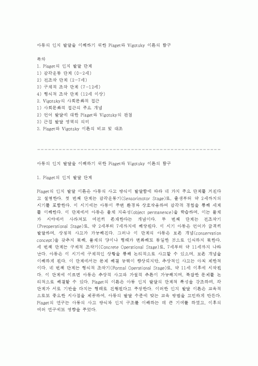 아동의 인지 발달을 이해하기 위한 Piaget와 Vigotsky 이론의 탐구