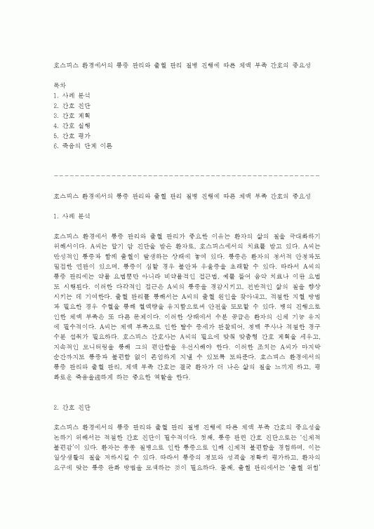 호스피스 환경에서의 통증 관리와 출혈 관리 질병 진행에 따른 체액 부족 간호의 중요성