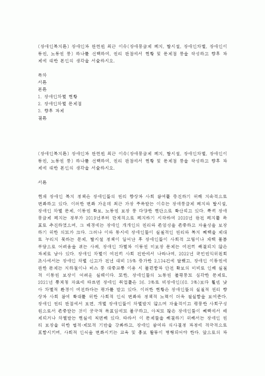 (장애인복지론) 장애인과 관련된 최근 이슈(장애등급제 폐지, 탈시설, 장애인차별, 장애인이동권, 노동권 등) 하나를 선택하여, 권리 관점에서 현황 및 문제점 등을 작성하고 향후 과제에 대한 본인의 생각을 서술하시오.