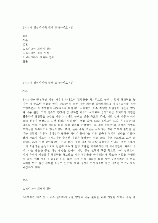 6시그마 개념과 원리 6시그마 적용 사례 6시그마의 효과와 한계