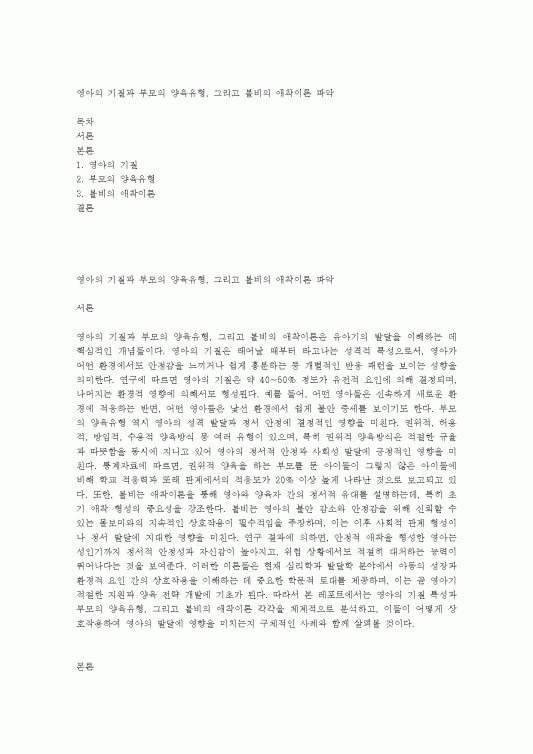 영아의 기질과 부모의 양육유형, 그리고 볼비의 애착이론 파악