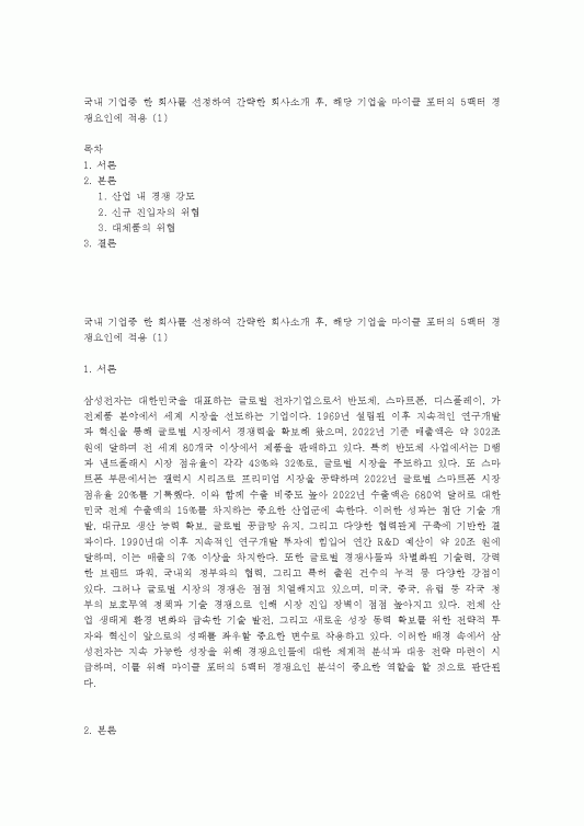 국내 기업중 한 회사를 선정하여 간략한 회사소개 후, 해당 기업을 마이클 포터의 5팩터 경쟁요인에 적용 (1)