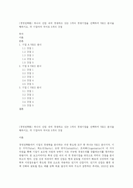 (경영전략론) 하나의 산업 내에 경쟁하고 있는 3개의 경쟁기업을 선택하여 VRIO 분석을 행하시오. 각 기업마다 적어도 5개의 강점