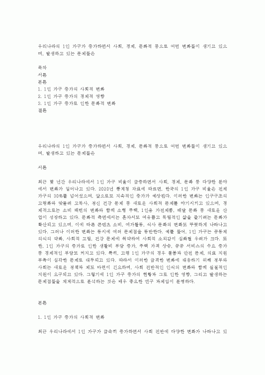 우리나라의 1인 가구가 증가하면서 사회, 경제, 문화적 등으로 어떤 변화들이 생기고 있으며, 발생하고 있는 문제들은