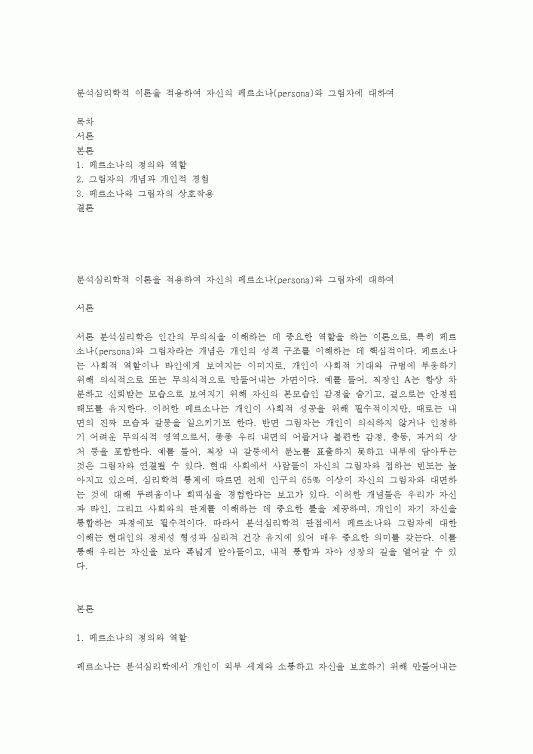 분석심리학적 이론을 적용하여 자신의 페르소나(persona)와 그림자에 대하여