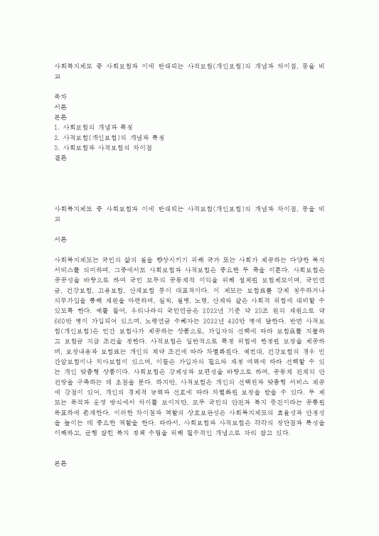 사회복지제도 중 사회보험과 이에 반대되는 사적보험(개인보험)의 개념과 차이점, 등을 비교
