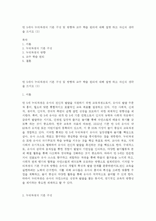 만 5세아 누리과정의 기본 구성 및 방향과 교수 학습 원리에 대해 설명 하고 자신의 생각을 쓰시오 (3)