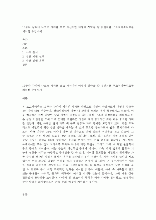 13주차 강의에 나오는 사례를 보고 자신이면 어떻게 상담을 할 것인지를 구조적가족치료를 제외한 수업에서