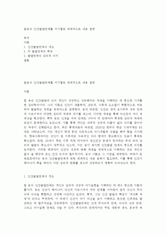 칼융의 인간발달단계를 시기별로 체계적으로 내용 설명