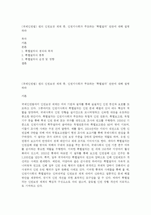 (국제인권법) 엔의 인권보장 체계 중, 인권이사회가 주도하는 ‘특별절차’ 전반에 대해 설명하라