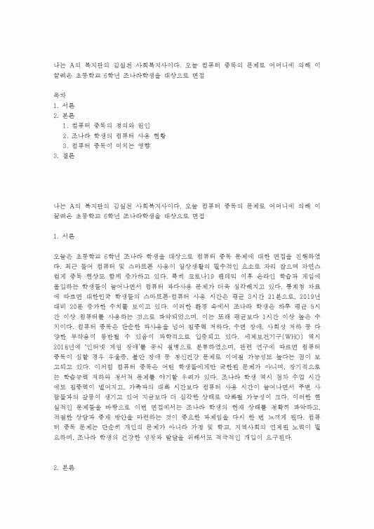 컴퓨터 중독의 정의와 원인 조나라 학생의 컴퓨터 사용 현황 컴퓨터 중독이 미치는 영향