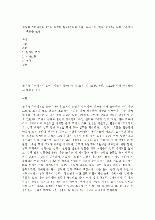 행정적 슈퍼비전의 4가지 과업과 활동(관리와 조정, 의사소통, 변화, 옹호)을 각각 구분하여 그 내용을 설명
