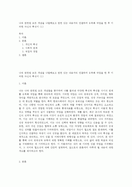 나와 관련된 모든 개념을 나열해보고 관련 있는 내용끼리 연결하여 유목화 작업을 한 후 이러한 자신의 특성이 (1)