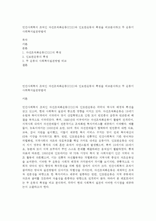 민간사회복지 조직인 자선조직화운동(COS)와 인보관운동의 특징을 비교분석하고 두 운동이 사회복지실천방법에