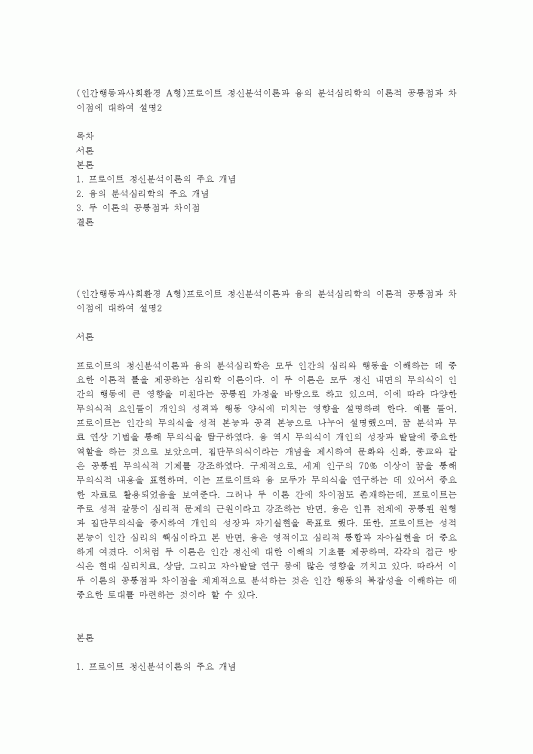 (인간행동과사회환경 A형)프로이트 정신분석이론과 융의 분석심리학의 이론적 공통점과 차이점에 대하여 설명2