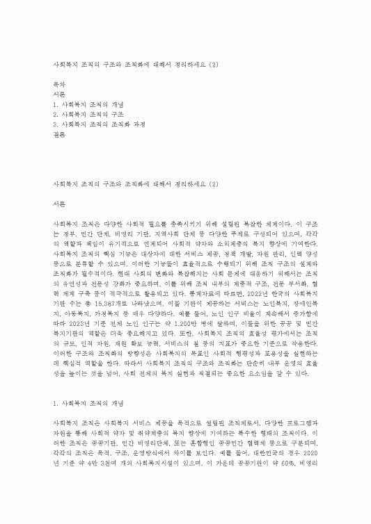 사회복지 조직의 구조와 조직화에 대해서 정리하세요 (2)