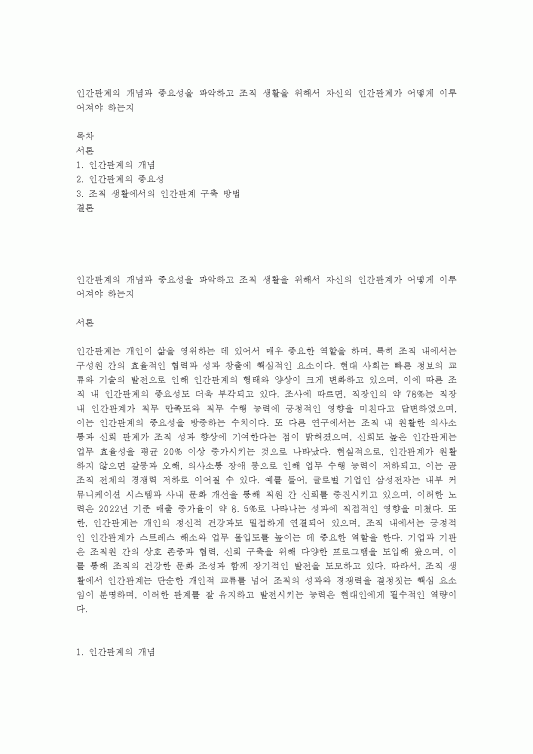 인간관계의 개념과 중요성을 파악하고 조직 생활을 위해서 자신의 인간관계가 어떻게 이루어져야 하는지