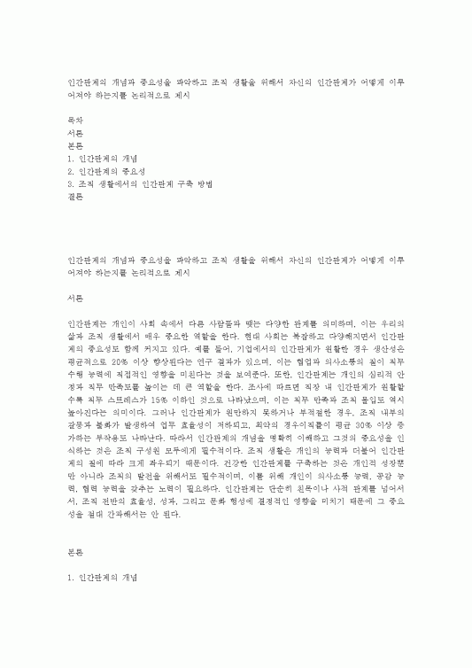 인간관계의 개념과 중요성을 파악하고 조직 생활을 위해서 자신의 인간관계가 어떻게 이루어져야 하는지를 논리적으로 제시
